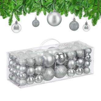 Relaxdays Weihnachtskugeln im 76er Set, Kunststoff, glitzernde, Matte, gl&auml;nzende Baumkugeln, Christbaumschmuck, Silber