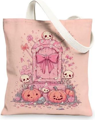 Generic Sacs fourre-tout en toile pour Halloween, motif citrouille squelette, sacs dépicerie réutilisables, fantaisie, amusant, léger, lavable, pêche, 13x15 I