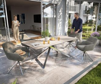 DELIFE Outdoortisch Edge 200x100 cm Keramik Laminam Travertino Bianco Creme-Wei&szlig; Kreuzgestell Rechteck Edelstahl, Esstische