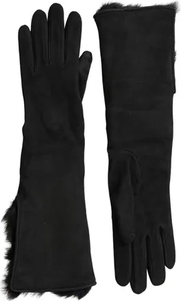 Dolce & Gabbana Mens Black Leather Fur Elbow Length Gloves Goatskin