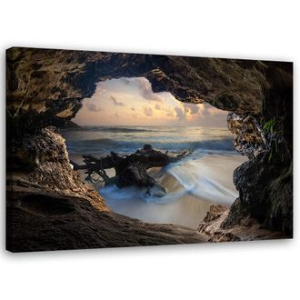 Feeby Leinwandbild XXL Höhle 3D Wandbild Kunst Sonnenuntergang Braun 120x80 cm
