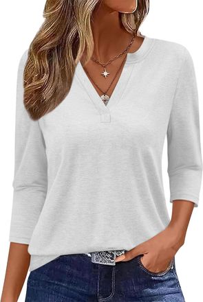 Onsoyours Shirt Damen 3/4 Arm Pullover Herbst Oberteile V-Ausschnitt Tshirt Sommer Tops Basic Shirt A Wei&szlig; XXL