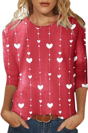 Generic T-shirt &agrave; col rond et manches trois-quarts pour la Saint-Valentin 2026, rose vif, XL