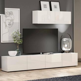 Dmora Mobile Porta Tv Ame, Un Ripiano, Cassetti Made In Italy, 38x225x39h Cm Bianco Lucido