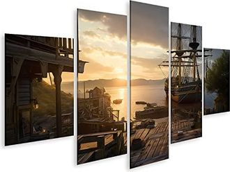Islandburner Tableau sur Toile Bateau Pirate Surplombant De Vieux Voiliers Mer Coucher De Soleil Paysage Vint Cadre Affiche Poster Murale Tableaux