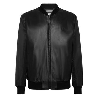 Philipp Plein Homme, Vestes, Noir, Taille: S Leather Bomber with Nylon Sleeves