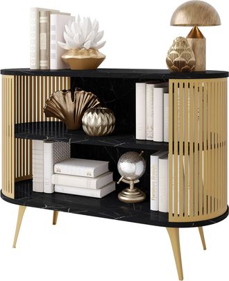 Mirjan24 Kommode mit Ablage Rajkon, Ovale Form, Beine aus Metall, Modernes Sideboard, Highboard, Anrichte, Mehrzweckschrank (Black Pietra Grigia, Gold)