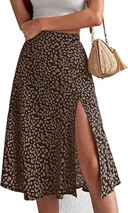 Onsoyours Jupe Longue Femme Elegent Ete Taille Elastique Maxi Jupe Fluide Boho Rétro Mode Élégant Imprimé Floral Jupe Plissee Trapeze D Marron M