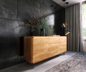 DELIFE Sideboard Shavani 175 cm Akazie Natur 2 Türen 3 Schubladen Fuß Oval Metall Schwarz, Sideboards