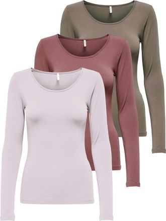 Only Damen Onllive Love Life LS Oneck Top, 3er Pack, Walnut/Rose Brown/Lavender Fog, 3XL