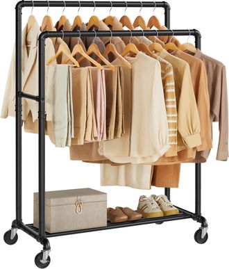 Songmics Kleiderst&auml;nder, Kleiderstange, Garderobenst&auml;nder mit 2 Kleiderstangen und Ablage, Rollen, bis 110 kg belastbar, Industrie-Design, f&uuml;r Schlafzimmer, An