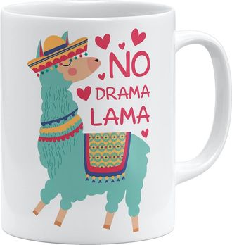 OM3 No Drama Lama Tasse mit Spruch Motiv Alpaka - Keramik Becher - 11oz 325ml - Beidseitig Bedruckt - Weiss