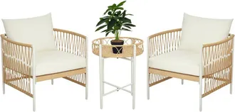 OUTSUNNY 3er Set Rattan Gartenm&ouml;bel-Set, Gartengarnitur mit 2 Gartenst&uuml;hle, Couchtisch, Balkonm&ouml;bel-Set mit Kissen, f&uuml;r Balkon, Terrasse, Gelb+Creme - Outsunny