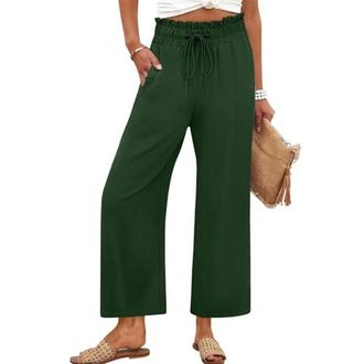 Generic Pantalon d&eacute;t&eacute; 3/4 en mousseline pour femme - Pantalon d&eacute;t&eacute; l&eacute;ger en lin - Avec poches - D&eacute;contract&eacute; - Pantalon en tissu &eacute;lastique et confortable - Pou