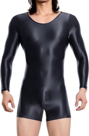 Feoya Herren Glänzend Body Wetlook Leotard Bodysuit Slim Overall Playsuit Einteiler Transparent Dessous Singlet Jumpsuit Unterhemden Schwarz M