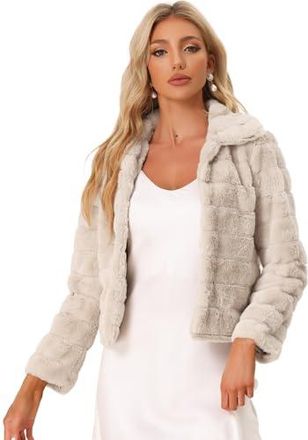 Allegra K Manteau en fausse fourrure pour femme Veste col pointu Fluffy Open Front Warm Winter Outwear Kaki clair L