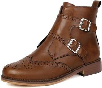 Generic Bottines western cowgirl pour femme, fermeture &eacute;clair lat&eacute;rale, bout rond, talons blocs bas, chaussures perfor&eacute;es &agrave; bout aile, marron, 40.5 EU