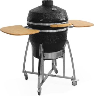 Sweeek Barbecue charbon en c&eacute;ramique. Kamado &Oslash; 57cm. avec chariot. garde au chaud. r&eacute;cup&eacute;rateur de cendre et housse. tablettes r&eacute;tractables