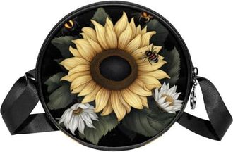 Generic Petit sac &agrave; bandouli&egrave;re rond pour femme, motif tournesol, abeille, sac &agrave; dos avec fermeture &eacute;clair, bretelles r&eacute;glables, sac &agrave; main rond d&eacute;contract&eacute; p
