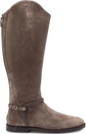Brunello Cucinelli Brunello Cucinelli Stiefel - Suede Tall Boots With Ankle Strap - Gr. 38 (EU) - in Grau - f&uuml;r Damen