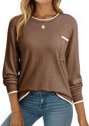 Dokotoo Pullover Damen Herbst Winter Strickpullover Rundhals Oberteil mit Brusttasche Langarm Warm Pulli Tops Casual Leichte Sweater Strickpulli Oberteile Kaf