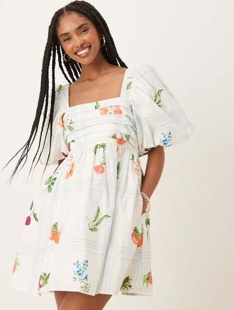 Nobody's Child Nova - Minikleid mit Früchte-Karomuster und Puffärmeln-Bunt