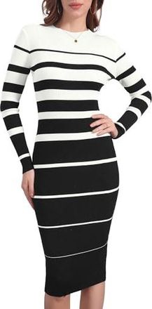 Allegra K Robe Pull ray&eacute;e &agrave; Manches Longues pour Femme, col Ras du Cou Extensible, Moulante, en Tricot c&ocirc;tel&eacute;, d&eacute;contract&eacute;e, pour lautomneBlanc M