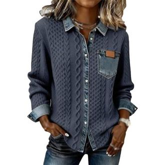 Generic Chemise en tricot pour femme avec empi&egrave;cements en denim, col patchwork en denim, cardigan pour lautomne et lhiver, bleu marine, 3XL