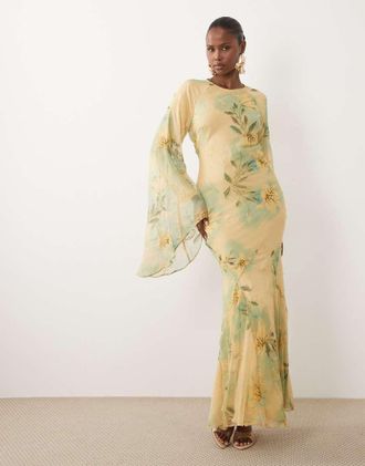 Asos Robe longue &agrave; imprim&eacute; ornement&eacute; et manches volumineuses - Vert