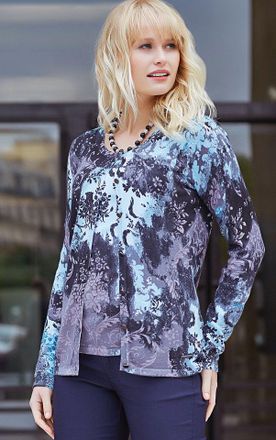 Passioni Cardigan Twinset mit abstraktem Blumen- und Strukturdruck in Blaut&ouml;nen