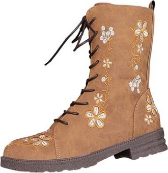 Generic Bottes &agrave; lacets pour femme - Talon bas - Style d&eacute;contract&eacute; - &Eacute;l&eacute;gantes - Bout rond - Broderie - Fermeture &eacute;clair lat&eacute;rale - Antid&eacute;rapantes - Confortab