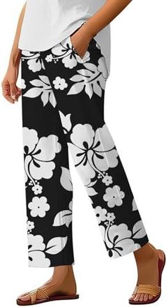 Generic Robe boh&egrave;me d&eacute;contract&eacute;e pour femme - Imprim&eacute; floral - Pantalon en lin &agrave; rayures - Taille &eacute;lastique - Cordon de serrage - Pour l&eacute;t&eacute;, le printemps, la 
