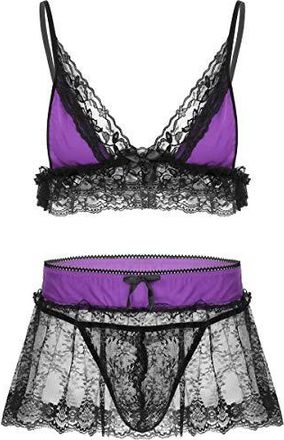 dPois Homme Lingerie Sissy Sexy sous-v&ecirc;tement Dentelle Transparent Soustien-Gorge et Jupe String Bikini Underwear M-XL Violet XL
