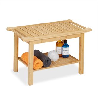 Relaxdays Badhocker aus Bambus, extra Ablagefl&auml;che & Griffe, HxBxT: 45 x 75 x 40,5 cm, Sitzbank f&uuml;r 2 Personen, Natur