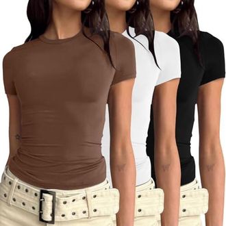Generic Lot de 3 hauts cache-coeur pour femme - Manches courtes - Col rond - T-shirt basique - Crop Top Y2K - Coupe ajustée - Décontracté - Col rond - T-shirt