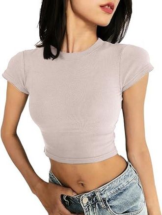Generic Haut court &agrave; manches courtes pour femme - Coupe ajust&eacute;e - Extensible - C&ocirc;tel&eacute; - D&eacute;contract&eacute; - Basique - Pour sortir dans la rue, beige, XXL