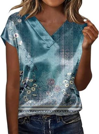 Generic Chemisier vintage &agrave; manches courtes et col en V pour femme | Chemise d&eacute;t&eacute; douce et l&eacute;g&egrave;re pour un usage quotidien, les vacances, les voyages, bleu cla