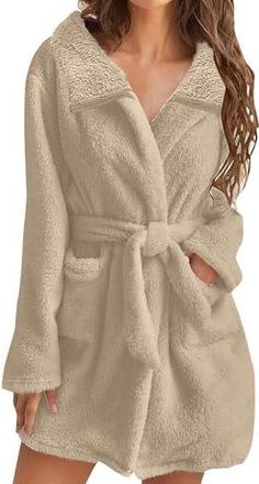 Generic Robe de chambre légère et moelleuse pour femme - Col châle court - Polaire - Peignoir en tissu éponge - Vêtement de nuit chaud pour lhiver - Vêtement 