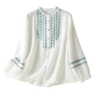 Generic T-shirt pour femme printemps nouveau style ethnique r&eacute;tro temp&eacute;rament broderie ample et confortable Chemise fine &agrave; manches longues Top, Blanc., XXL