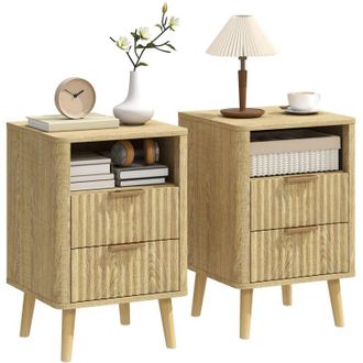 HOMCOM Lot de 2 tables de chevet - HOMCOM - 2 tiroirs et compartiment ouvert, coins arrondis - pieds en bois et MDF - 40x40x61cm - ch&ecirc;ne
