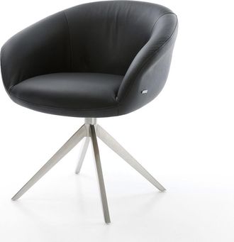 DELIFE Drehstuhl Vinka-Flex mit Armlehnen Echt-Leder Schwarz Kreuzgestell breit Edelstahl 360° drehbar Wippfunktion Taschenfederkern, Esszimmerstühle