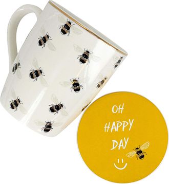 G Decor Creme-Weiß und Gold Keramik Gold Bumble Bees 500ml Tall Extra Large Drinks Mug Cup for Tea or Coffee, Includes a Yellow Matching Coaster in a Gift Box