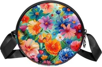 Generic Petit sac &agrave; bandouli&egrave;re rond pour femme, motif floral avec fermeture &eacute;clair, bretelles r&eacute;glables, style d&eacute;contract&eacute;, pour femmes et filles