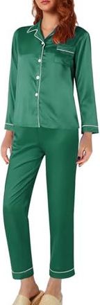 Generic Pyjama en satin de soie pour femme - Ensemble de pyjama en satin noir pour femme - Ensemble de pyjama soyeux long &agrave; boutons - Ensemble de pyjama soyeu