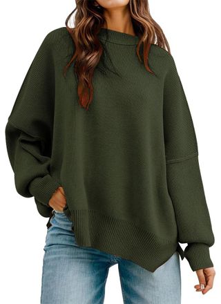 OLIPHEE Einfarbig Strickpullover Damen mit Geschlitztem Saum Rundhals Pullover Damen Herbst Winter Elegant Sweater Damen Strick Olivgr&uuml;n XL