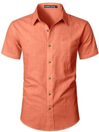 PARKLEES Chemise décontractée à manches courtes en coton et lin pour homme avec poche, Orange, XXL