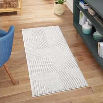 Carpet City Kurzflor Teppich Creme - 80x150 cm - Wohnzimmer-Teppiche Hochtief-Muster, 3D-Effekt - Geometrisches Muster, Gestreift - Flachflor Bodenbelag, Deko Sch