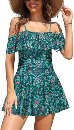 SHEKINI Maillot de bain une pièce pour femme - Dos nu - Jupe de bain plissée - Contrôle du ventre - Maillot de bain pour femme - Grande taille - Jupe de natat