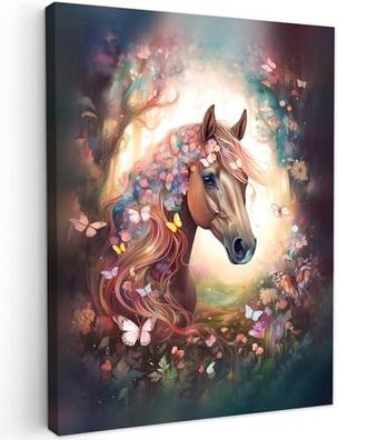 MuchoWow &copy; Impression sur Toile Peinture 60x80 cm Tableau Mural Decoration Salon Reproductions de Tableaux Murale Moderne Cheval - Nature - Fleurs - Papillons 
