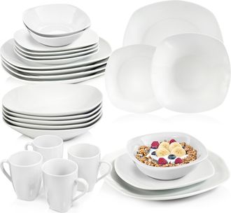 Sänger | Geschirrservice Bilgola in Weiß, 30-teiliges Geschirrset für 6 Personen - Teller, Kaffeebecher & Schalen, Eckiges Design, Teller-Set aus Porzellan, 